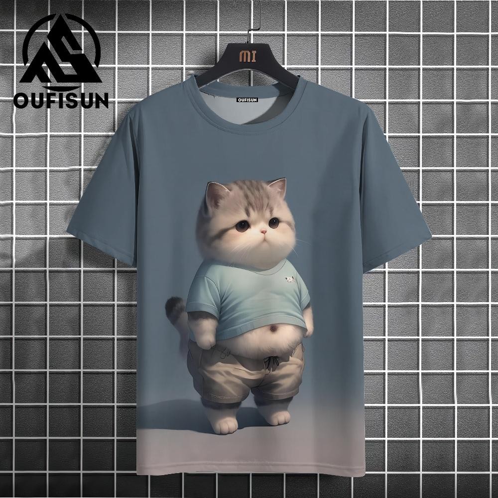 Potbelly Cat พิมพ์เสื้อยืดผู้ชายลําลองแขนสั้นเสื้อยืดสําหรับฤดูใบไม้ผลิ ...