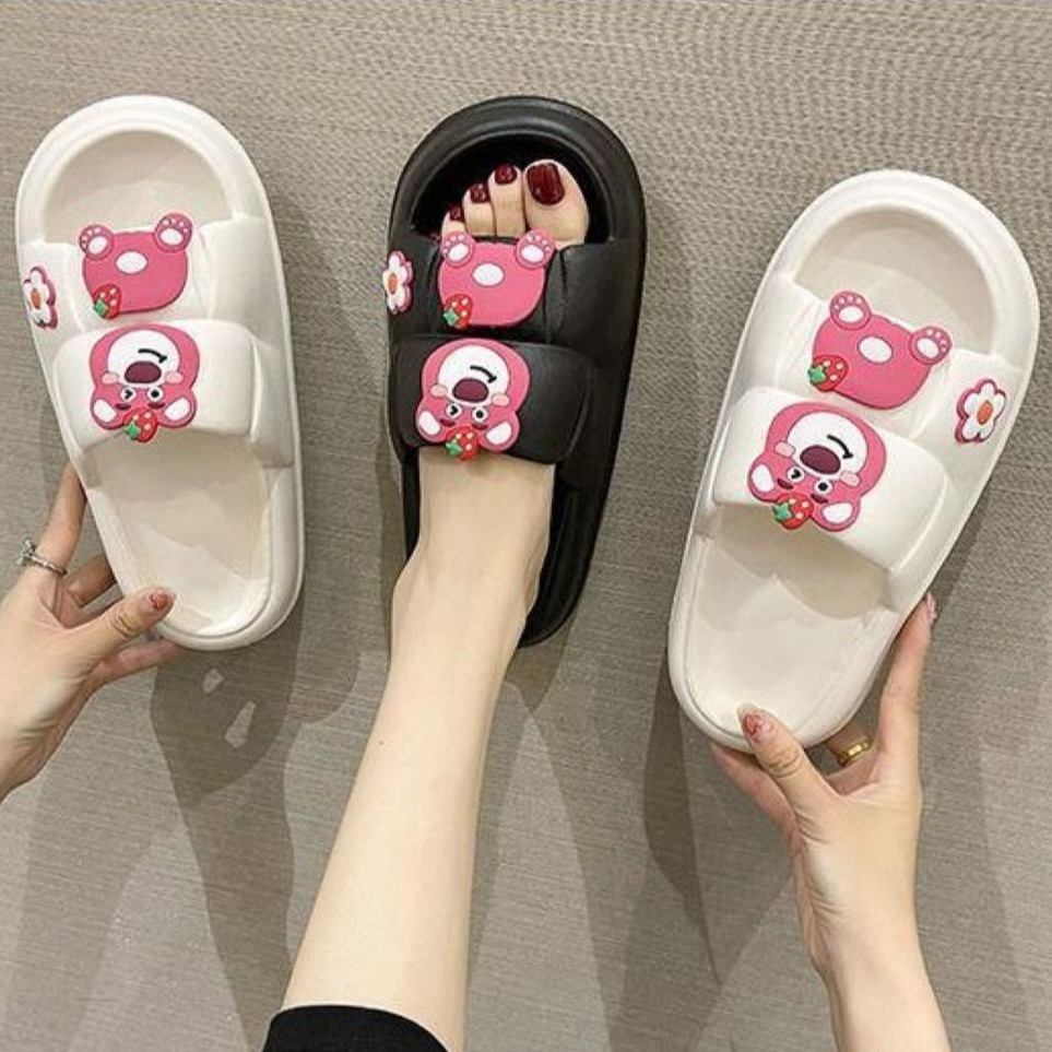 รองเท้าแตะแบบสวมผู้หญิง ส้นแบน วัสดุ EVA สีพื้น ลายหมีน่ารักพื้นนุ่ม ...