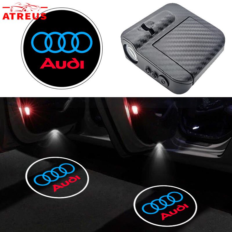 1/2 ชิ้น Audi คาร์บอนไฟเบอร์ โคมไฟติดประตูรถยนต์ LED HD ไร้สาย โคมไฟโปรเจคเตอร์ LED ติดรถยนต์ ...