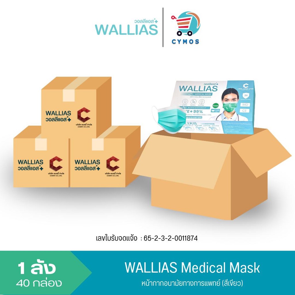 หน้ากากอนามัยทางการเเพทย์WALLIAS หนา 3 ชั้นป้องกันได้ถึง 99%บรรจุ(ยกลัง!!) | Shopee Thailand