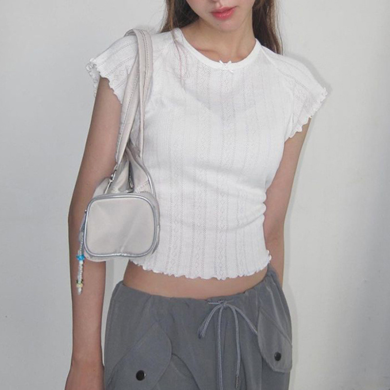 เสื ้ อยืดผู ้ หญิง Casual Slim ผักกาดหอม Trim Pointelle รอบคอหมวกแขน ...