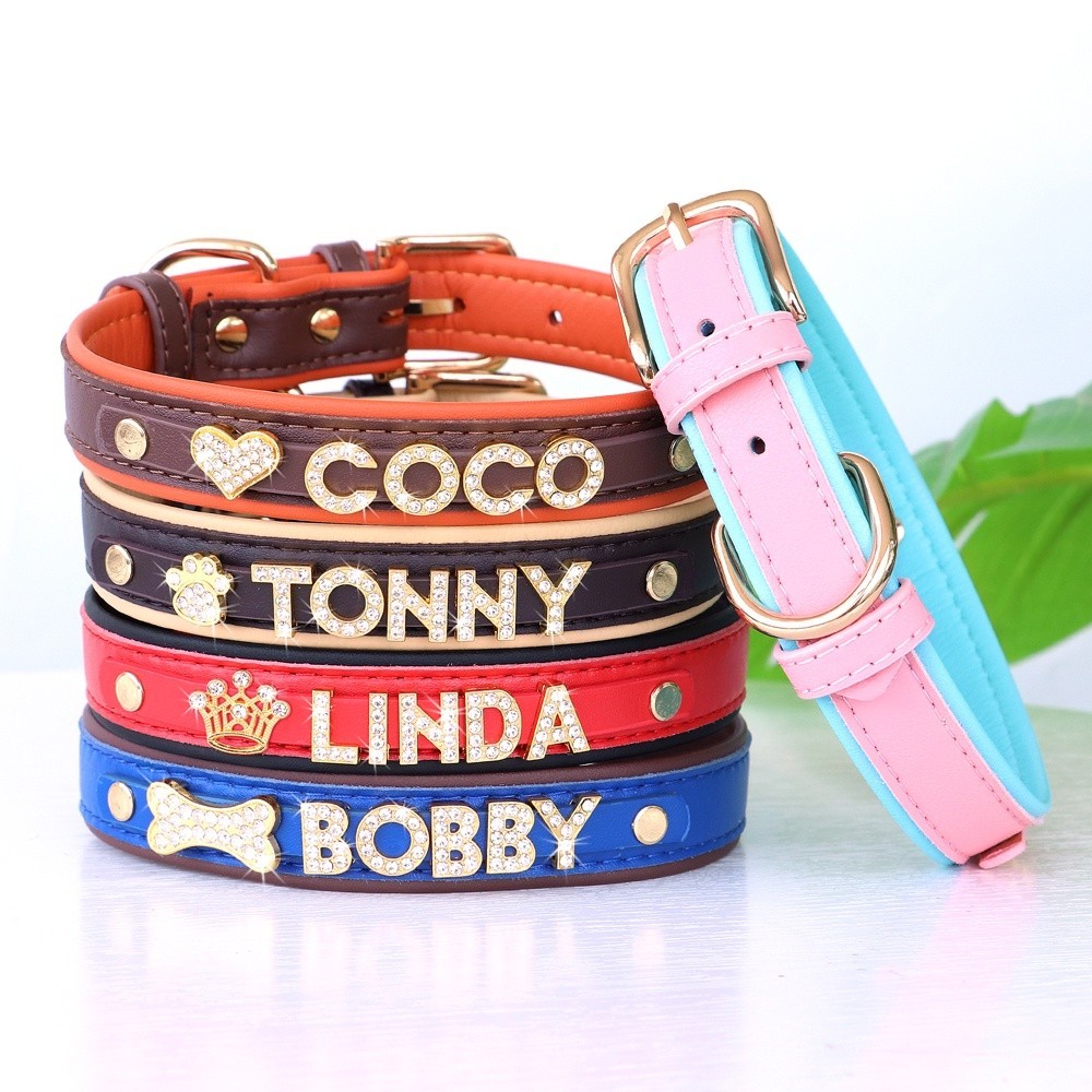 Leather Custom Dog Collar Personalized Rhinestone Name Letter Charm ...