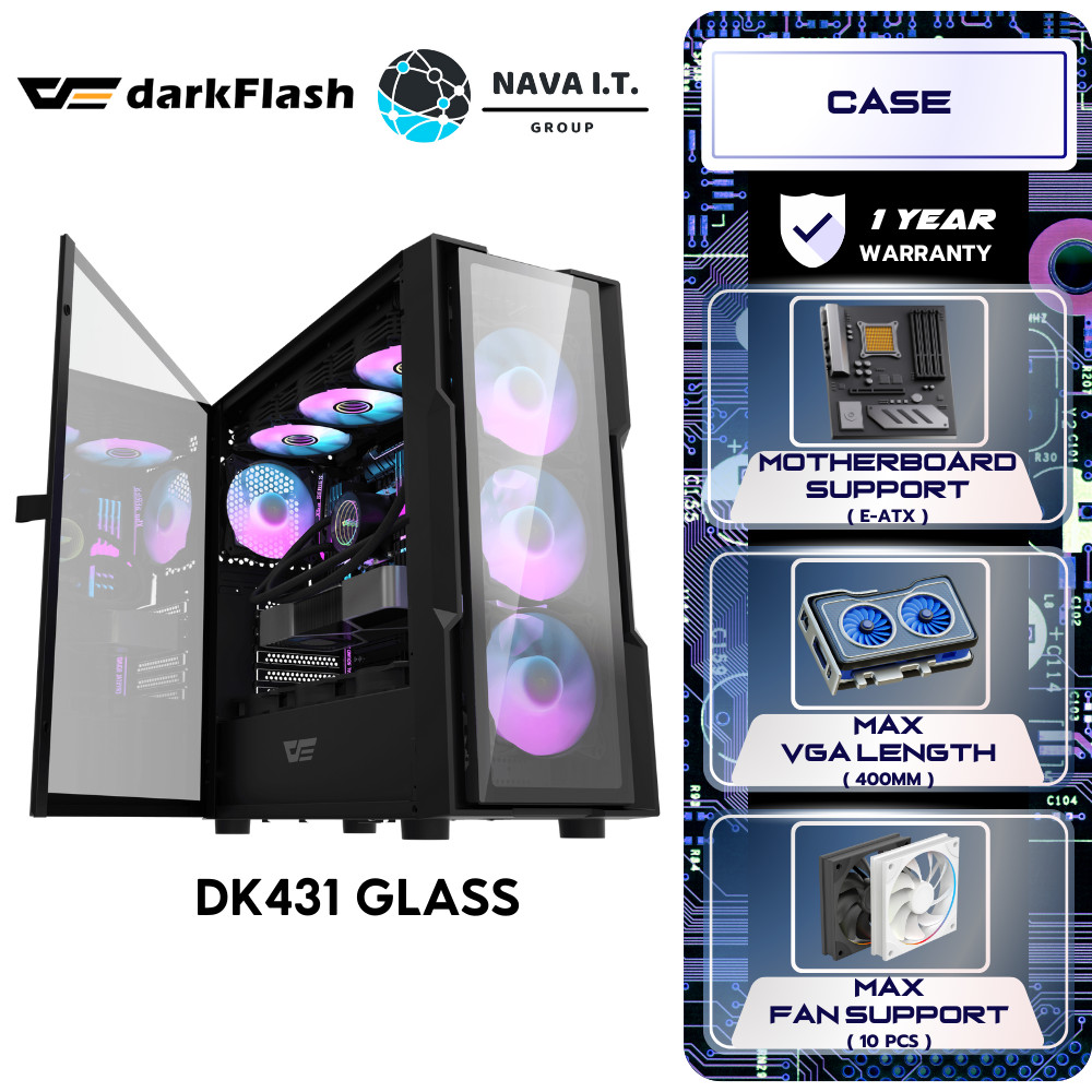 CASE (เคส) DARKFLASH DK431 TEMPER GLASS E-ATX BLACK (WITH 4 ARGB FANS ...