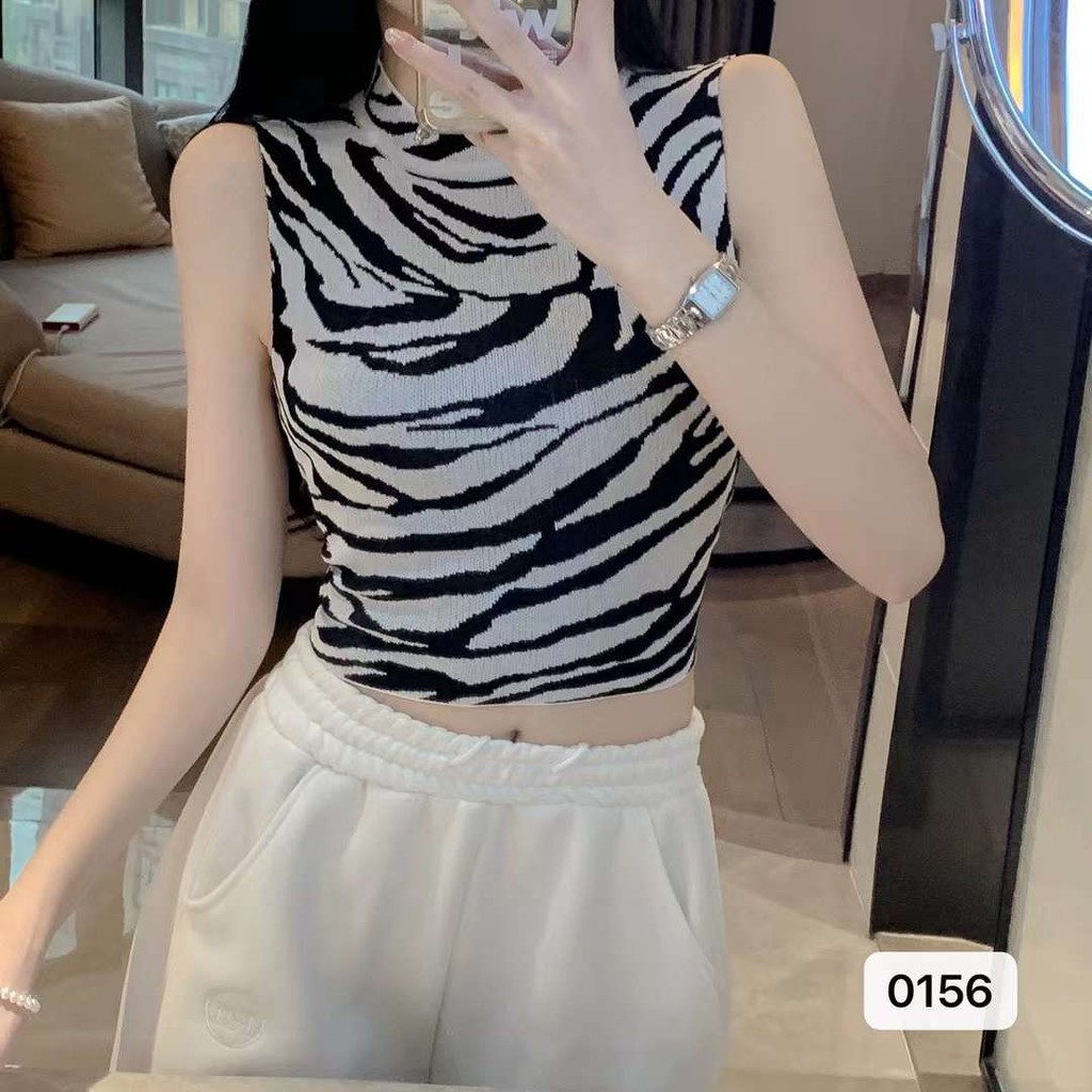 ฤดูร้อนใหม่ เสื้อกั๊กแขนกุดลายตารางลายม้าลาย คอกลม สั้น สำหรับผู้หญิง ...