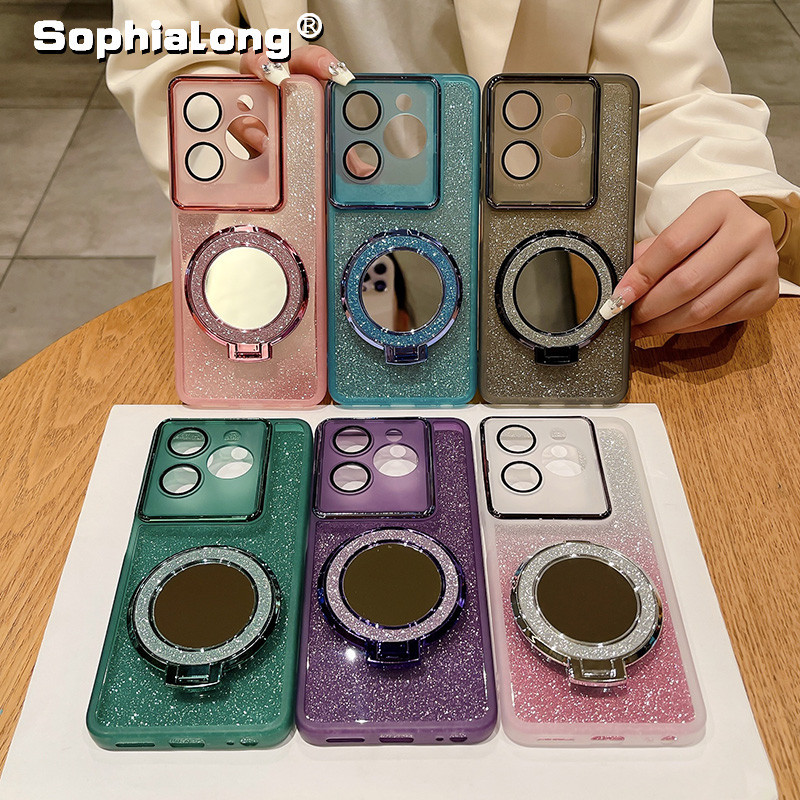 Tecno Spark 20 Pro 20c 10c 10 Go 2024 Bg6 Bg7n Kj5 Pop 8 เคสนิ่ม พร้อมขาตั้งกระจก ส่องแสง