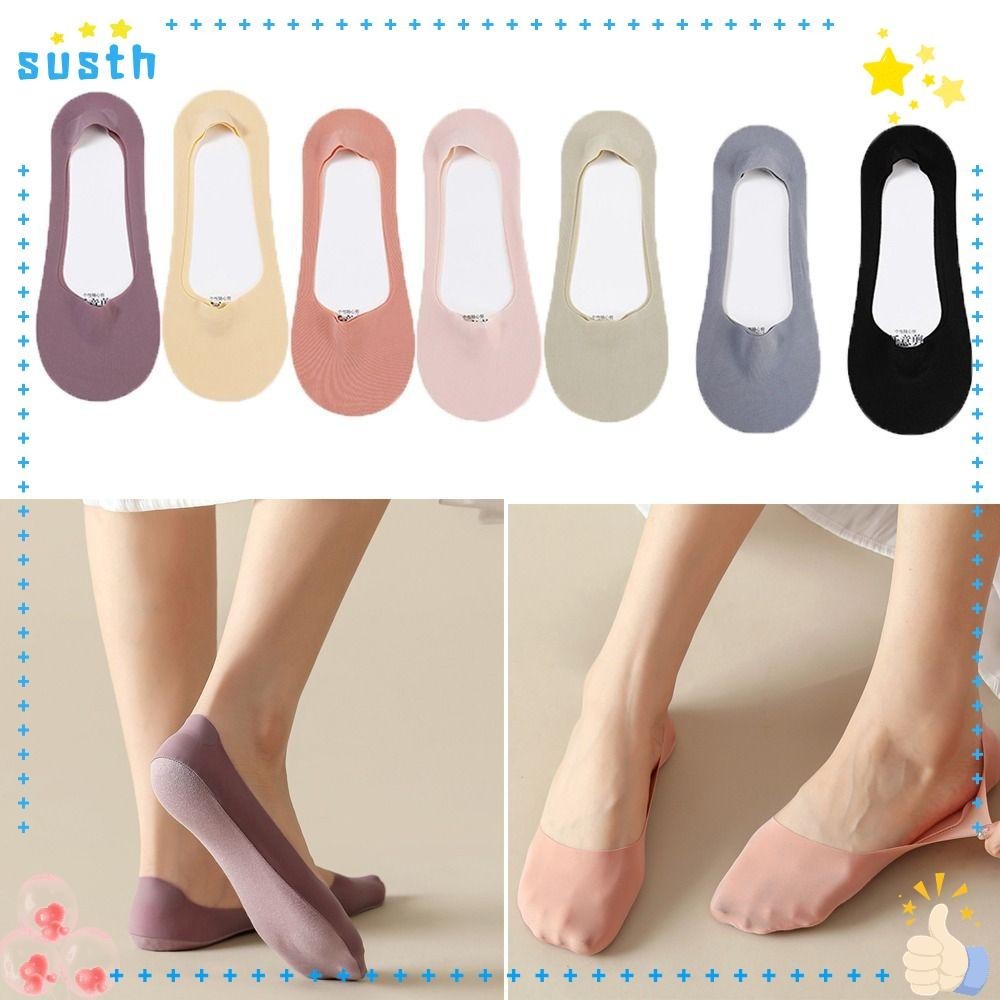 Susth 5 คู ่ ถุงเท ้ าผ ้ าไหมที ่ มองไม ่ เห ็ นหญิงสีทึบนุ ่ มระบาย ...