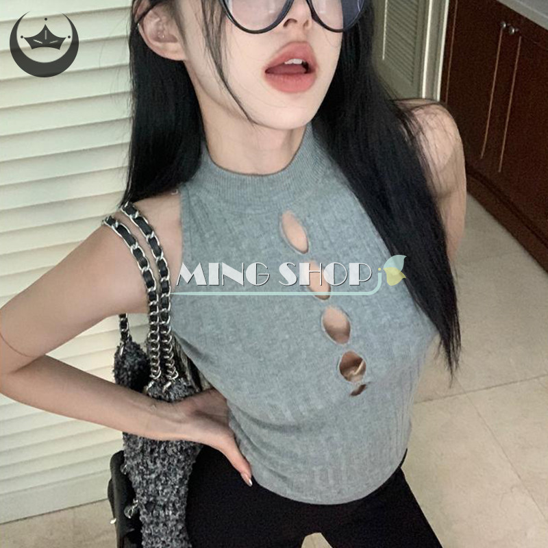 Ming ที่ไม่ซ้ํากัน Hollow Out s ผู้หญิงแขนกุด Solid Halter คอ Crop Tops ฤดูร้อน Slim แน่นสัมผัส ...