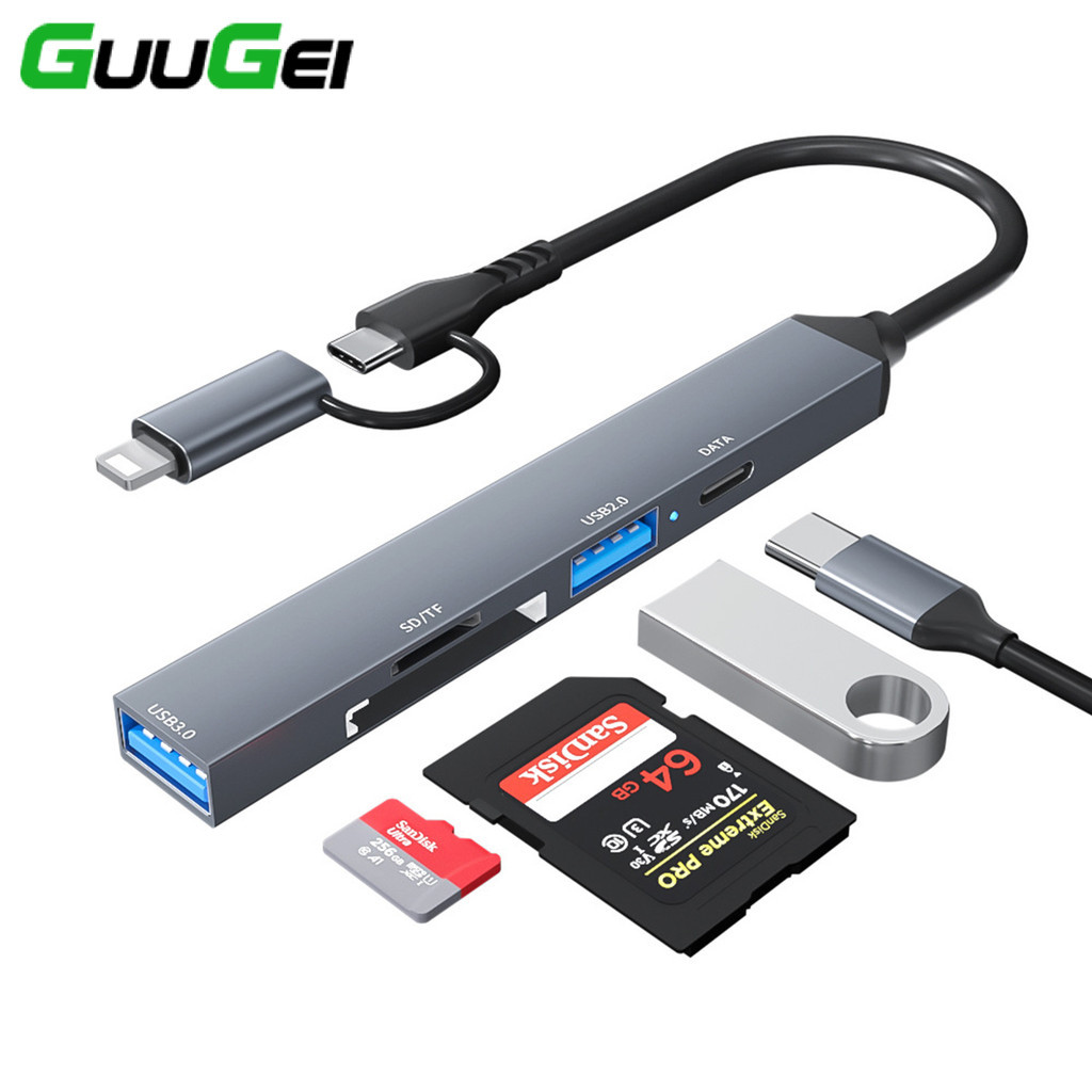Guugei 5 ใน 2 ประเภท C iOS USB2.0 อะแดปเตอร์ฮับ USB3.0 ประเภท C SD TF Card Reader Docking ...