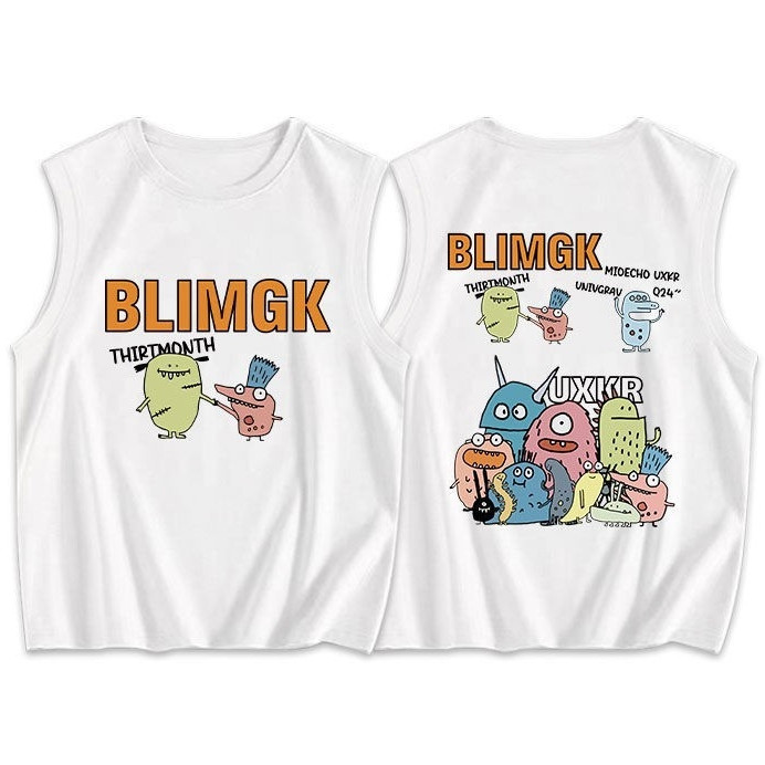 NEW เสื้อแขนกุดขาว-ดำ สกรีนลายการ์ตูนหน้า-หลัง OP-1052 | Shopee Thailand
