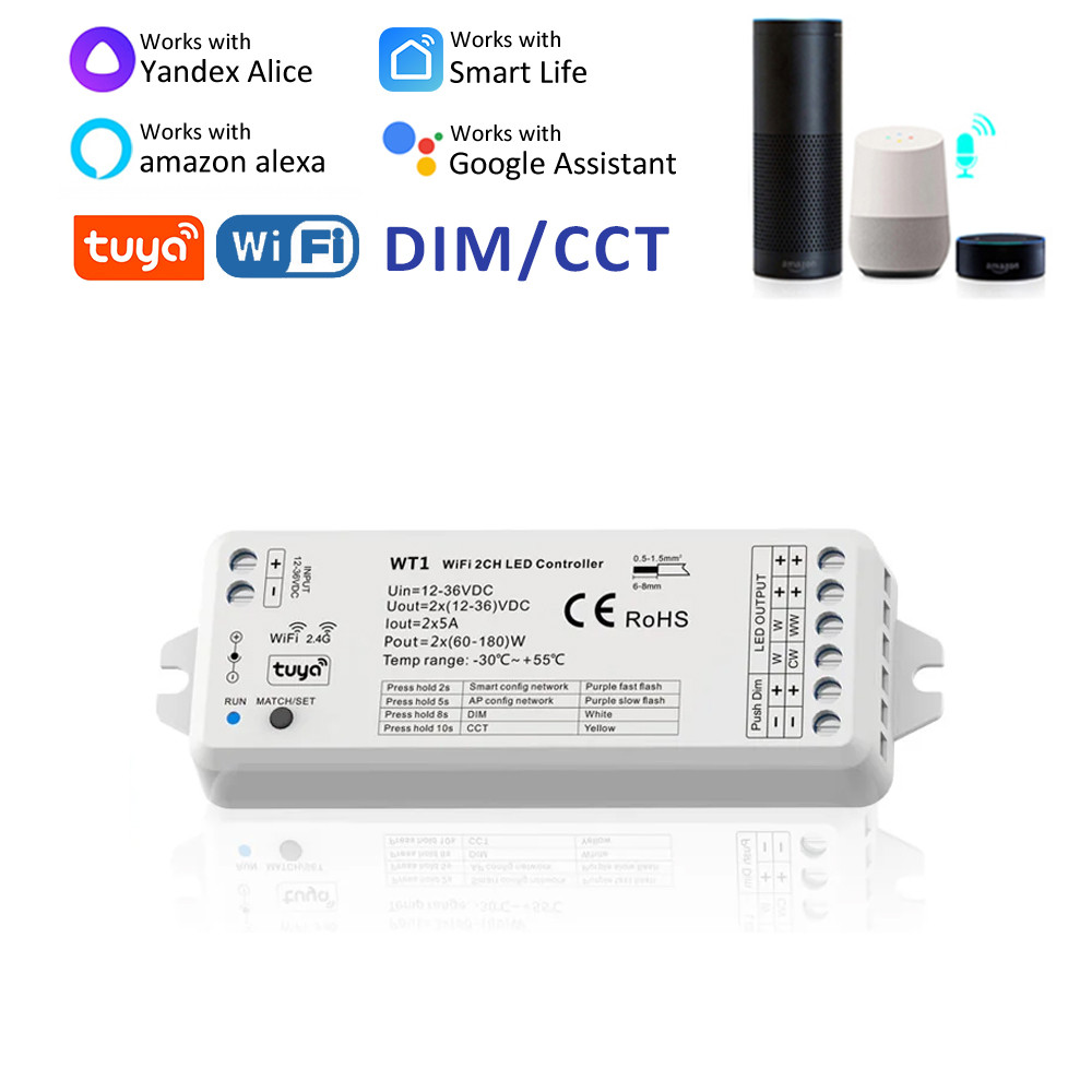 Tuya Wifi 2in1 LED Controller DC12V 24V 2CH 10A Smart Life Voice Push ...