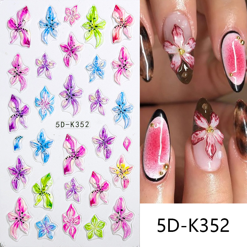 5D นูนเล็บสติกเกอร์สีชมพู Lily Decals ดอกไม้ Slider สําหรับเล็บที่มี ...