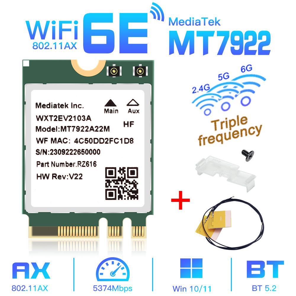 Wifi 6E MT7922 M.2 การ์ดไร้สาย 5374Mbps บลูทูธ 5.2 อะแดปเตอร์เครือข่าย 802.11ax 2.4G/5G/6GHz ...