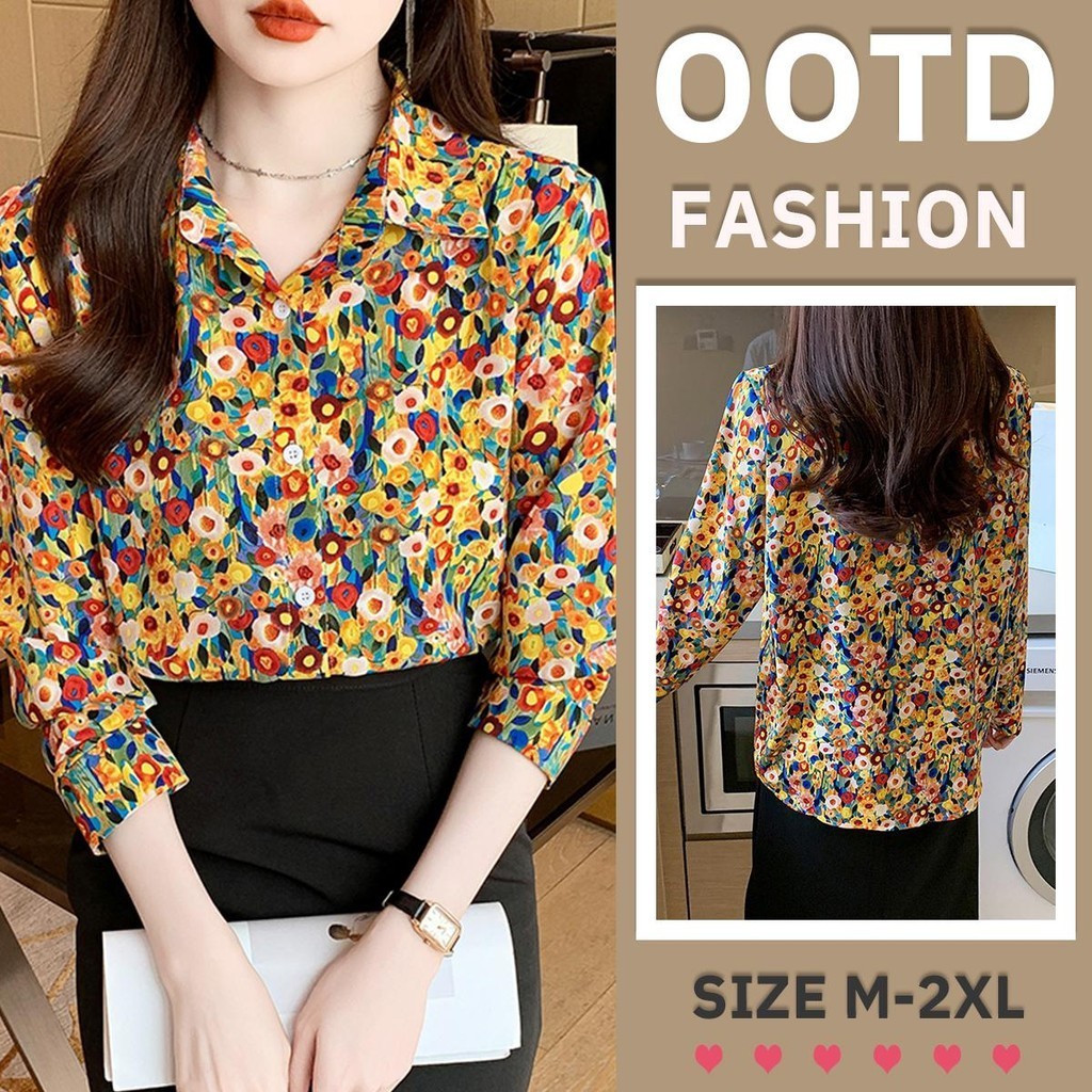 mimi&didi.เสื้อเชิ้ตแขนยาวพิมพ์ลายหรูหรา แฟชั่น เสื้อเชิ้ตผู้หญิง ลำลองทำงาน น้ำหนักเบา หลวม ...