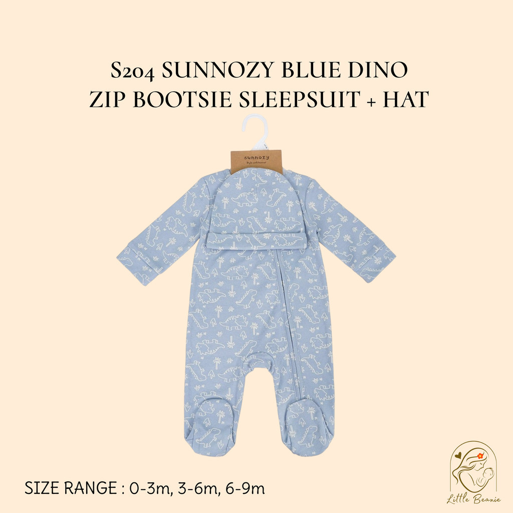 LittleBeanie SUNNOZY BLUE DINO ZIP BOOTSIE SLEEPSUIT + หมวก | Shopee ...