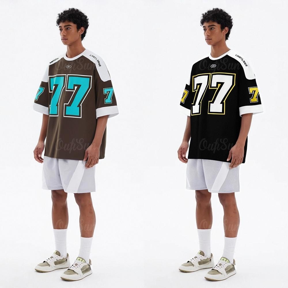 2568 ฤดูร้อนผู้ชายเสื้อยืดแขนสั้นเบอร์ 77 พิมพ์ลายกราฟิกขนาดใหญ่หลวม ...