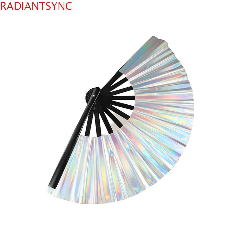 Radiantsync พัดลมมือสีเลเซอร์, ด้ามไม้ไผ่ขนาดใหญ่พับมือ, ตกแต่งบ้าน PVC Gradient สีสัน Tai Chi ...