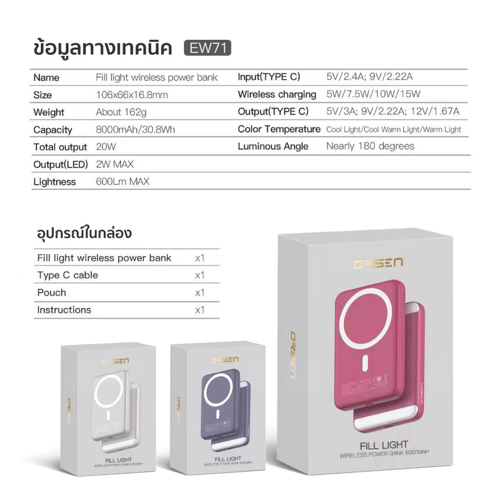 Orsen by Eloop EW71 พาวเวอร์แบงค์ไร้สาย 8000mAh PD 20W มีไฟเซลฟี่ LED แบตสำรอง MagLight ...