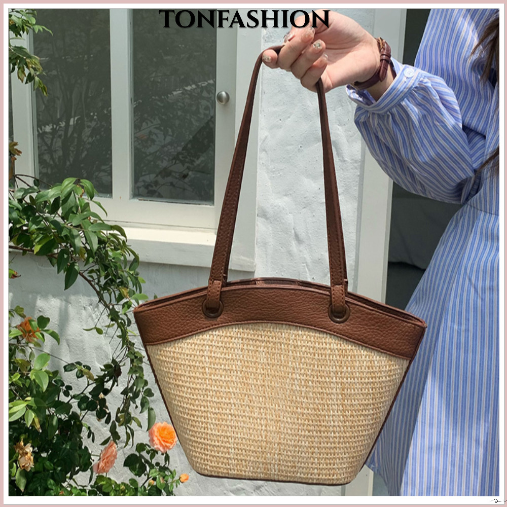 Tonfashion กระเป๋าถือลําลอง แบบสาน ฟางสาน แฟชั่นเรียบง่าย | Shopee Thailand