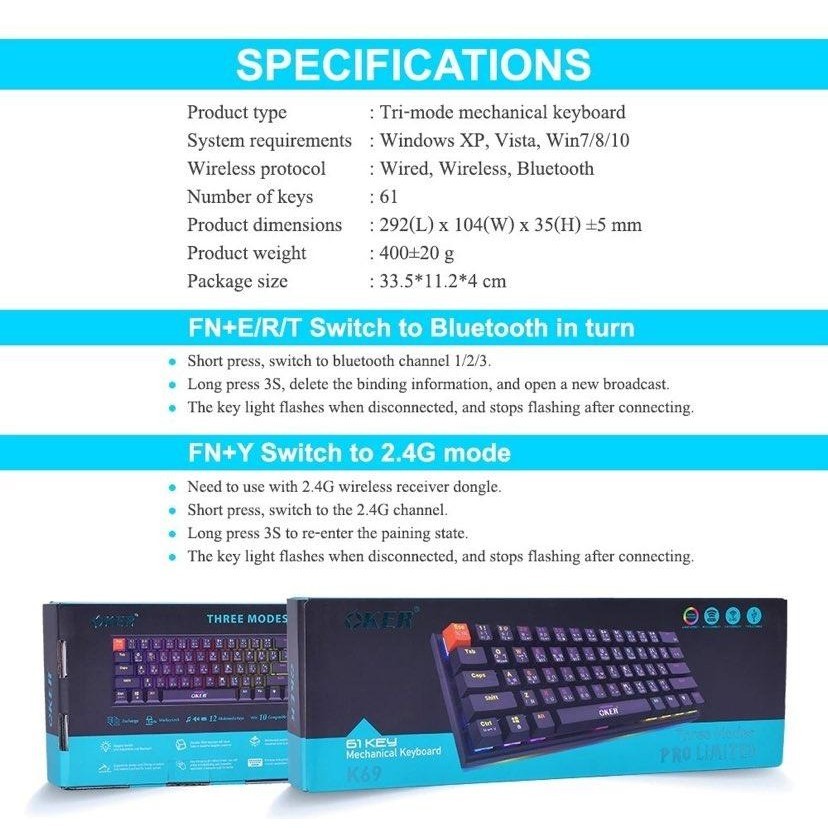 คีย์บอร์ดเกมมิ่งไร้สาย OKER รุ่น K69 (BT5.2+2.4G+TYPE-C) Blue Switch ไฟ ...