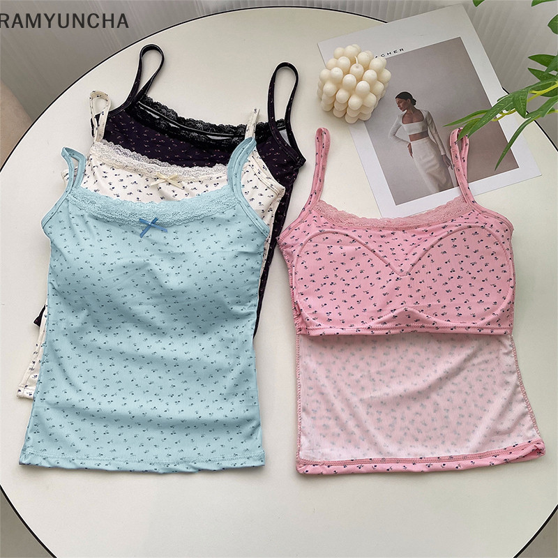 Ram ฤดูร้อนผู้หญิงหวานแฟชั่นลูกไม้ Patchwork ดอกไม้แขนกุด Slim Camisole พร้อมแผ่นหน้าอก OTC ...