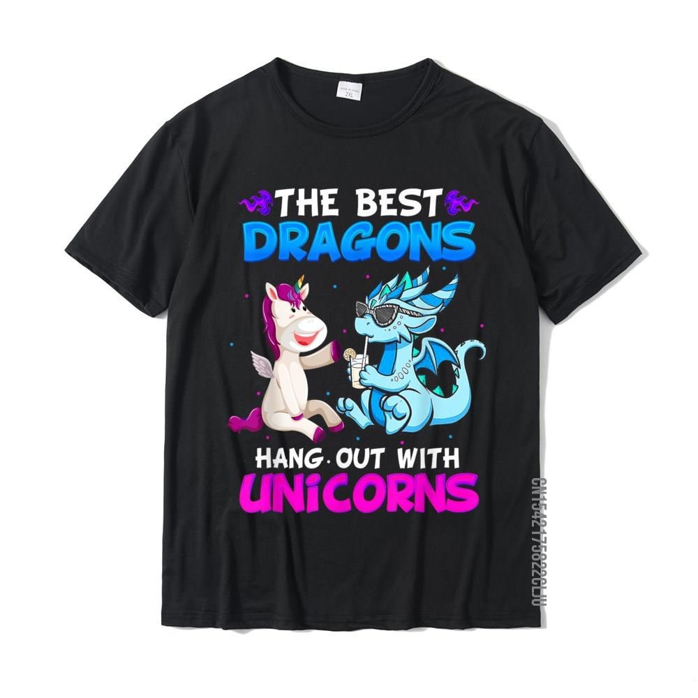 ตลกที่ดีที่สุด Dragons Hangout กับยูนิคอร์นเสื้อยืดด้านบนเสื้อยืดลําลองยอดนิยมผู้ชาย Tees ผ้า ...