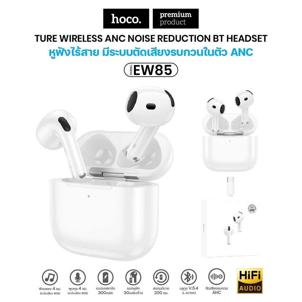 หูฟังบลูทูธไร้สาย HOCO EW85 บลูทูธ 5.4 ตัดเสียงรบกวน ANC ใช้งานนาน 4 ...