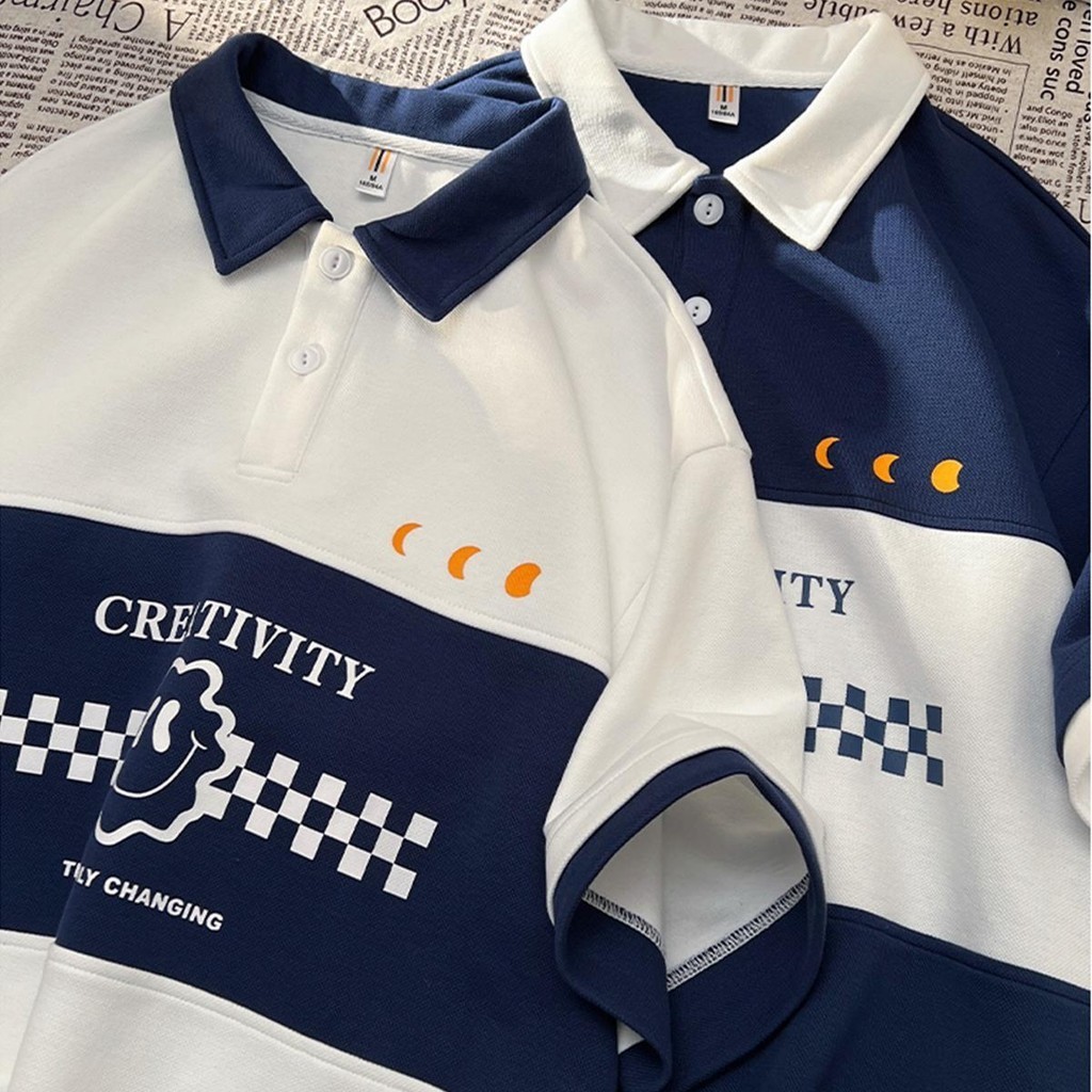 MIMI&DIDI#เสื้อยืด โปโลแขนสั้นสกรีนลาย โอเวอร์ไซส์ ใส่ได้ทั้งผู้หญิงและผู้ชาย สีทูโทนเก๋ๆ แนว ...
