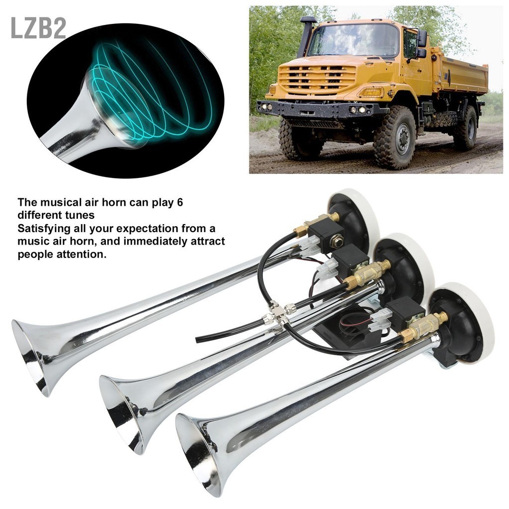 LZB2 3 ทรัมเป็ต Air Horn 6 Tunes ชุบโครเมี่ยม 305/342/385x79 มม.DC12V/24V สำหรับ Club Cars ...