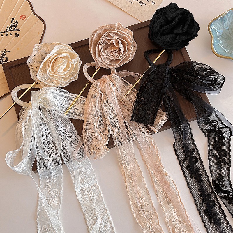 ใหม่สไตล์จีน Rose Lace Streamer Hairpin สุภาพสตรีเรียบง่าย Hairpin ...