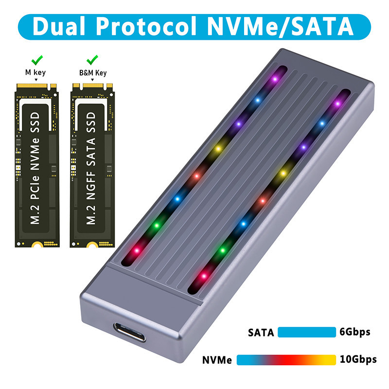 Dual Protocol SSD กรณี NVME M.2 SATA SSD Enclosure RGB LED USB C 3.2 ...
