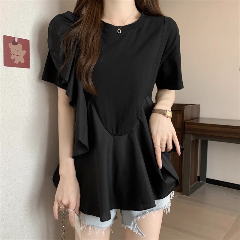 Original Workmanship Plus ขนาดผู้หญิง Ruffled เสื้อยืดแขนสั้นผู้หญิงฤดู ...