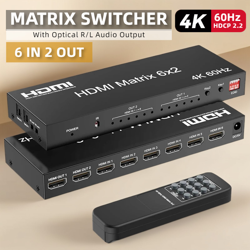 4k 60Hz HDMI Matrix Switch 6 in 2 out HDMI Video Matrix Selector Switch Splitter 6x2 พร้อม ...