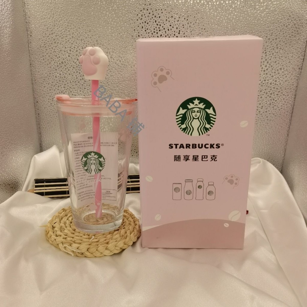 ★Ins Cup Starbucks Ice Happy Cat 's Claw Glass Straw Cup 450ml ของขวัญ ...