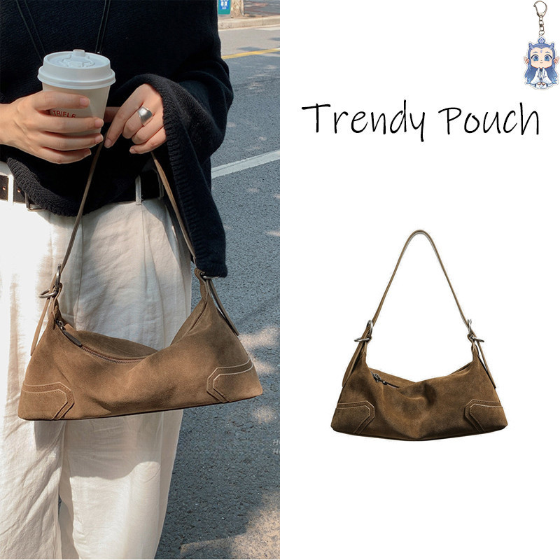 TRENDY POUCH หนังกลับ กระเป๋าสะพาย หรูหราเบา ๆ หนังนิ่ม สครับ ย้อนยุค ...