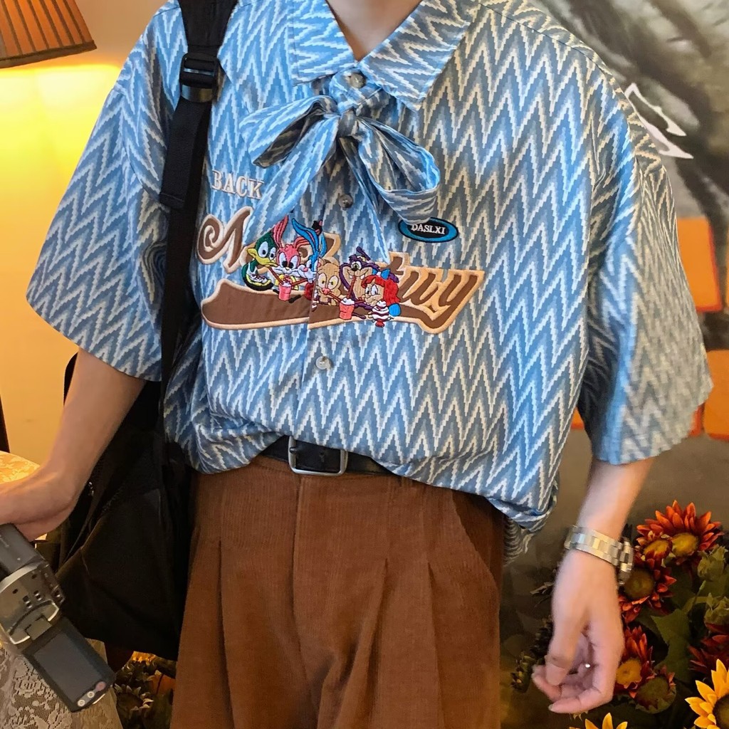 เสื้อเชิ้ตแขนสั้นดีไซน์ลายทาง Chic Curve สไตล์ฮ่องกง | Shopee Thailand