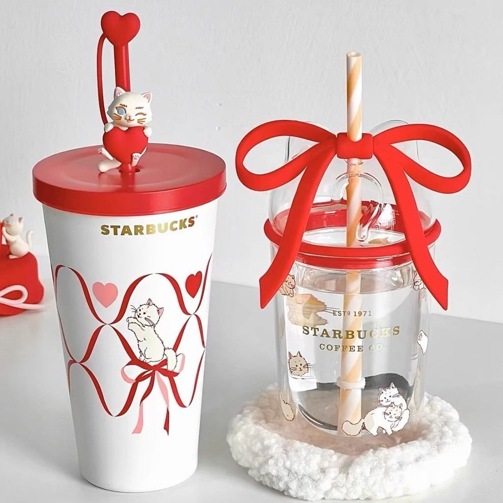 ★Ins Cup สไตล ์ ใหม ่ 2024 วันวาเลนไทน ์ Cat Love Bow ถ ้ วยฟางแก ้ วคู ...