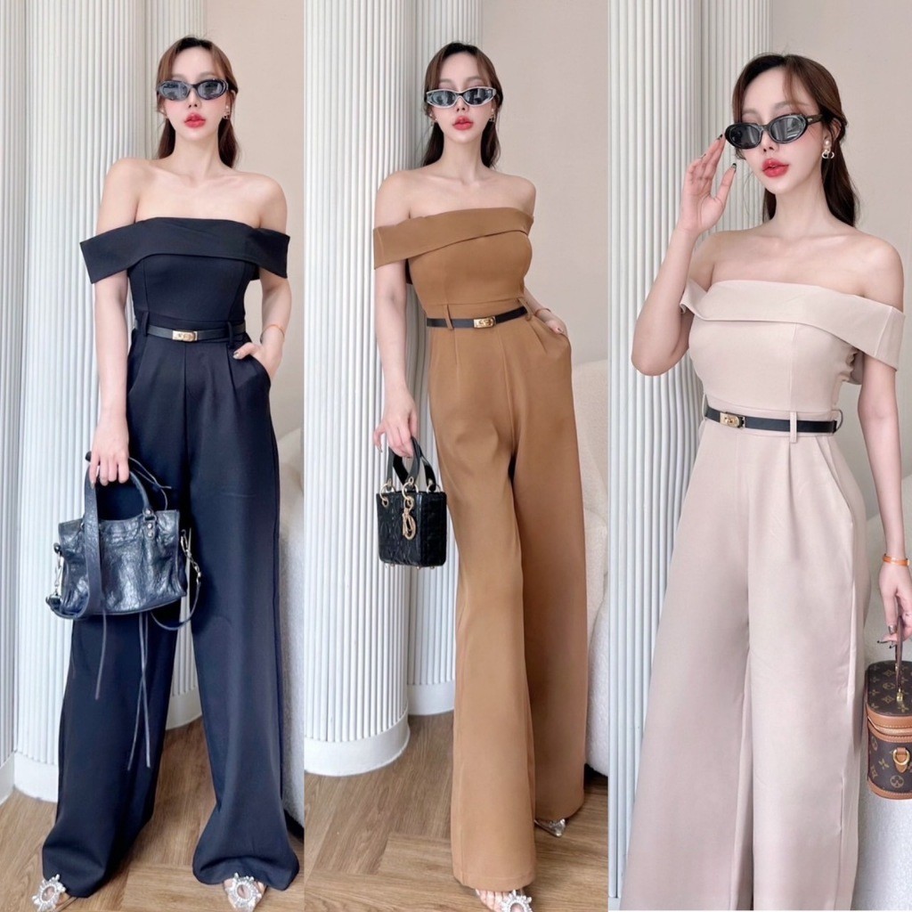 J09 - จั้มสูทขายาว ชุดจั้มสูทปาดไหล่ แถมเข็มขัด | Shopee Thailand