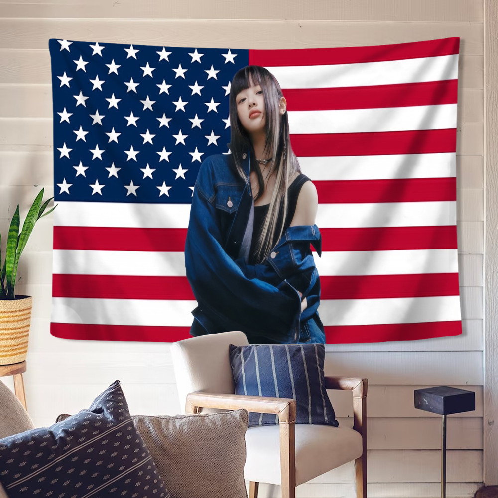 Newjeans Hanni American Flag Wall Tapestry พร้อมคลิปโพลีเอสเตอร์ ...
