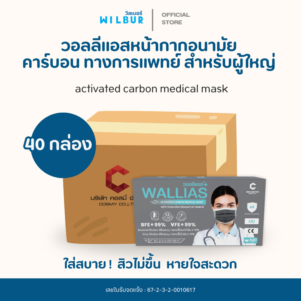 [ยกลัง 40 กล่อง] walliasหน้ากากอนามัยคาร์บอน หนา 4 ชั้น แมสก์กันฝุ่น PM2.5 Mask Medical Mask ...
