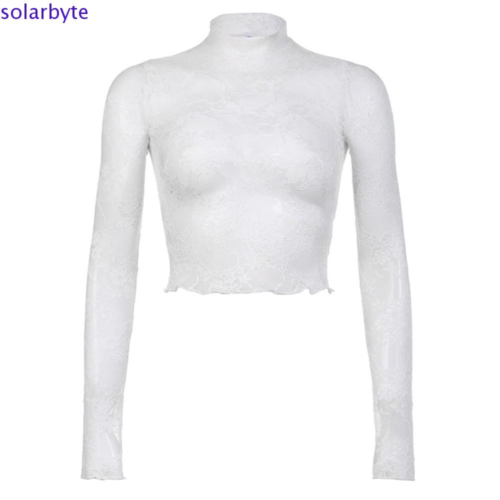 Solarbyte เสื้อลูกไม้ท่อนล่าง, เย็บปักถักร้อยดอกไม้แขนยาวตาข่ายด้านบน, แฟชั่นครึ่งคอสูงกลวงสไตล์ ...