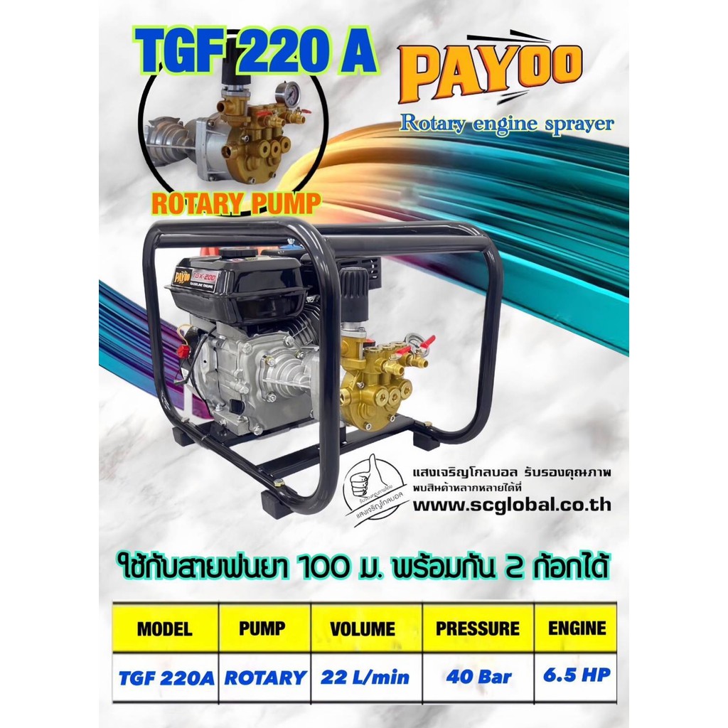 PAYOO เครื่องยนต์ชนปั๊ม สามสูบ รุ่น TGF-220A เครื่องยนต์ 4 จังหวะ / 6.5 HP 1 สูบ ปั๊มพ่นยา ...