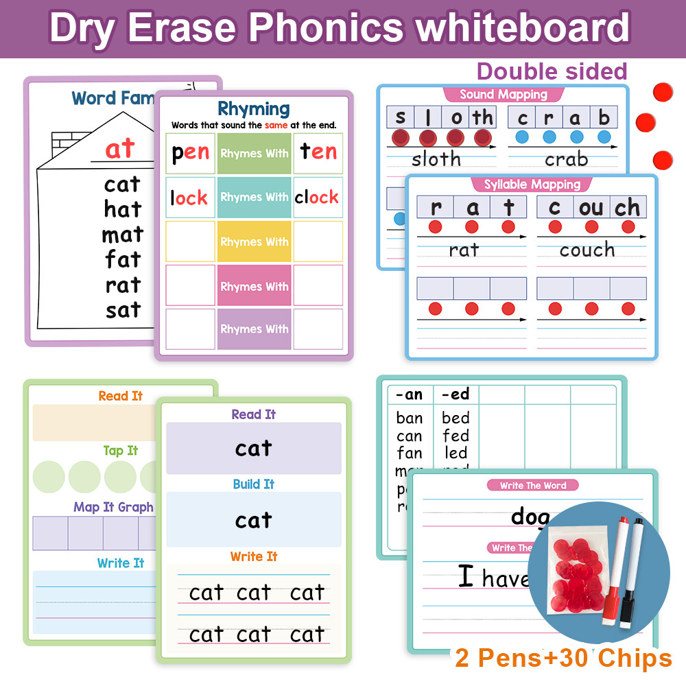 4Pcs Dry Erase CVC Phonics Whiteboard for Kids Word Family English ...
