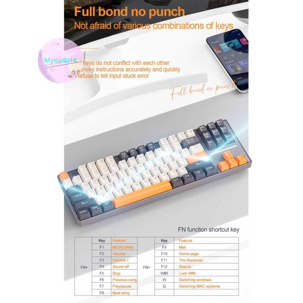 MyriadU MSAILWOLF MK87 คีย์บอร์ดไร้สาย 87 คีย์ Hot-swap Blue Axis Dual ...