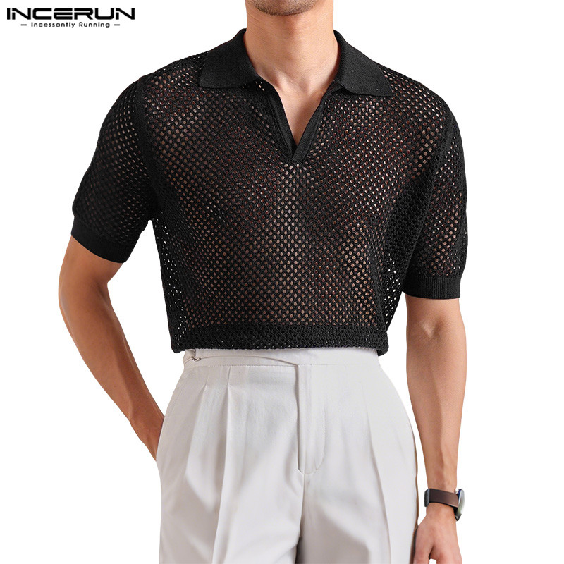 INCERUN เสื้อยืดตาข่ายแบบโปร่ง สไตล์โปโลสำหรับผู้ชาย | Shopee Thailand