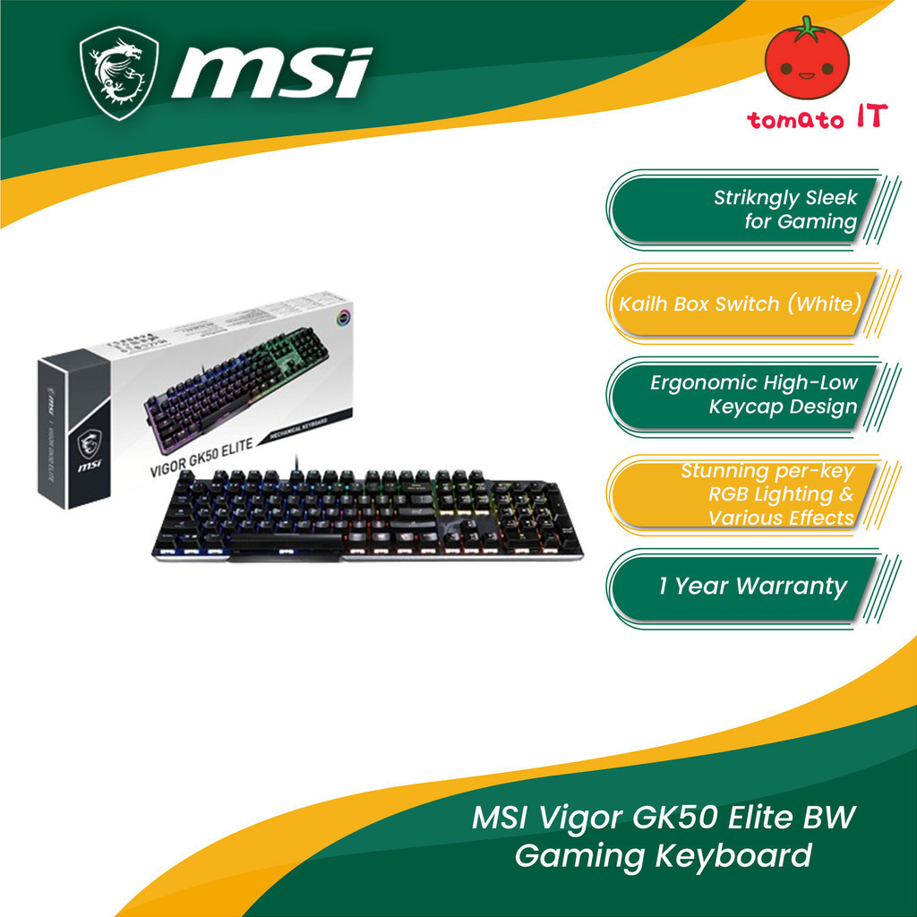 คีย์บอร์ดเกม MSI Vigor GK50 Elite BW พร้อมสวิตช์กล่อง Kailh (สีขาว ...