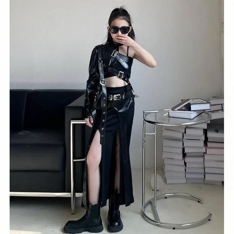 [KeDaYa] ชุดหนัง เสื้อกล้าม + กระโปรงหนัง สไตล์ฮิปฮอป สำหรับเด็กผู้หญิง ...
