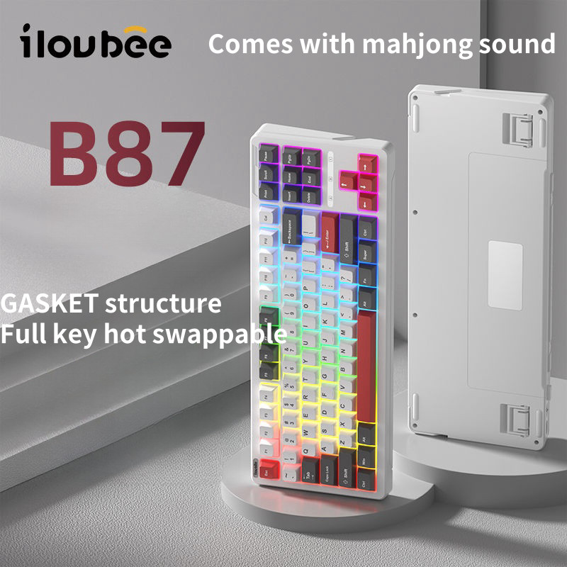 Ilovbee B87 คีย์บอร์ด RGB Tri-mode ไร้สาย 2.4g บลูทูธ Hot Swappable ปะเก็น + Leaf Spring Mahjong ...