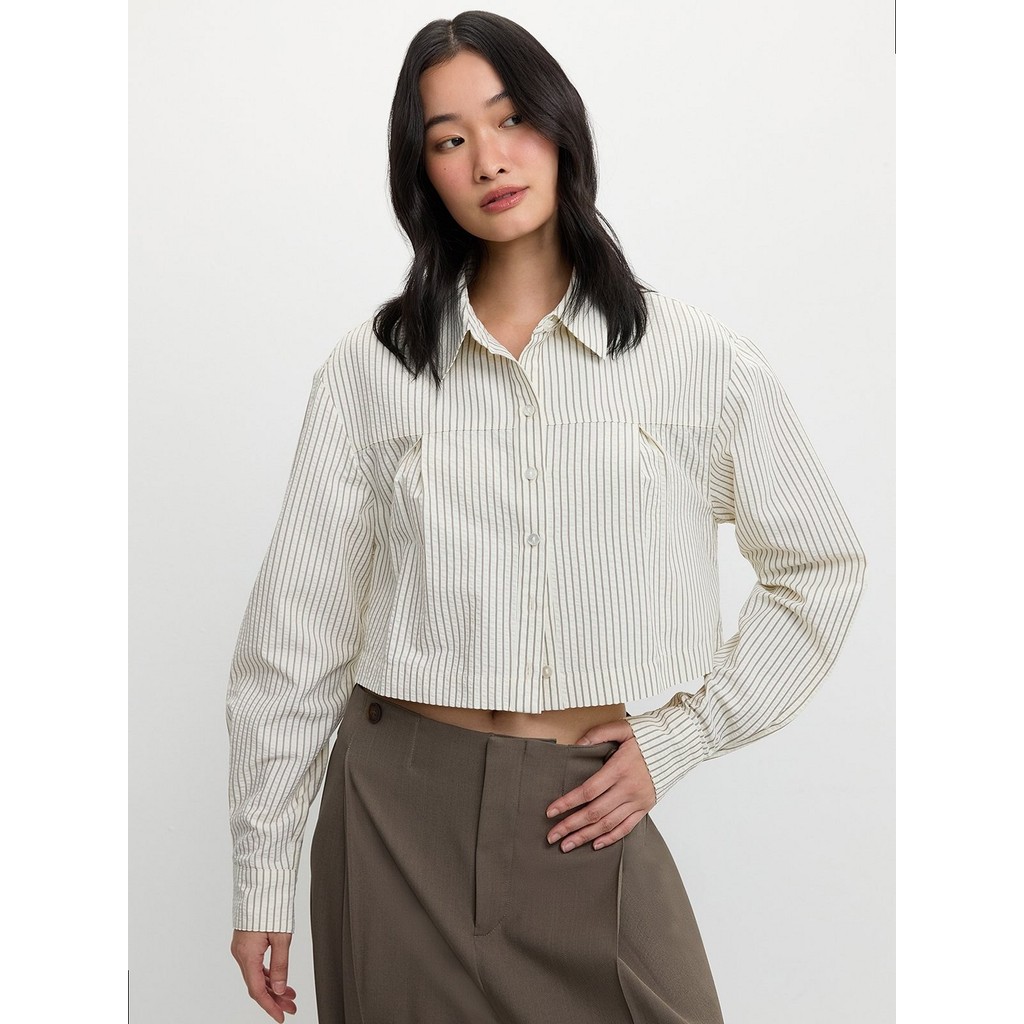 [Pomelo] เสื้อเชิ้ตลายทางทรงครอป / Cropped Striped Shirt | Shopee Thailand