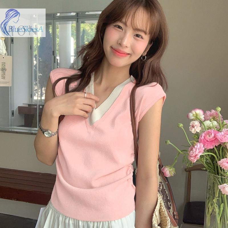 BL แฟชั่นลําลองสีทึบคอวีหลวม Dopamine เสื้อยืดสองชิ้นปลอม A | Shopee ...