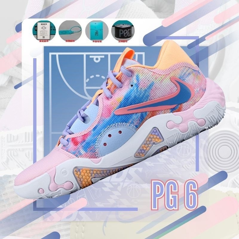 Paul George รุ่นที่หกสีชมพูสีน้ำเงินรองเท้าบาสเก็ตบอลผู้ชาย PG6ต่ำ ...